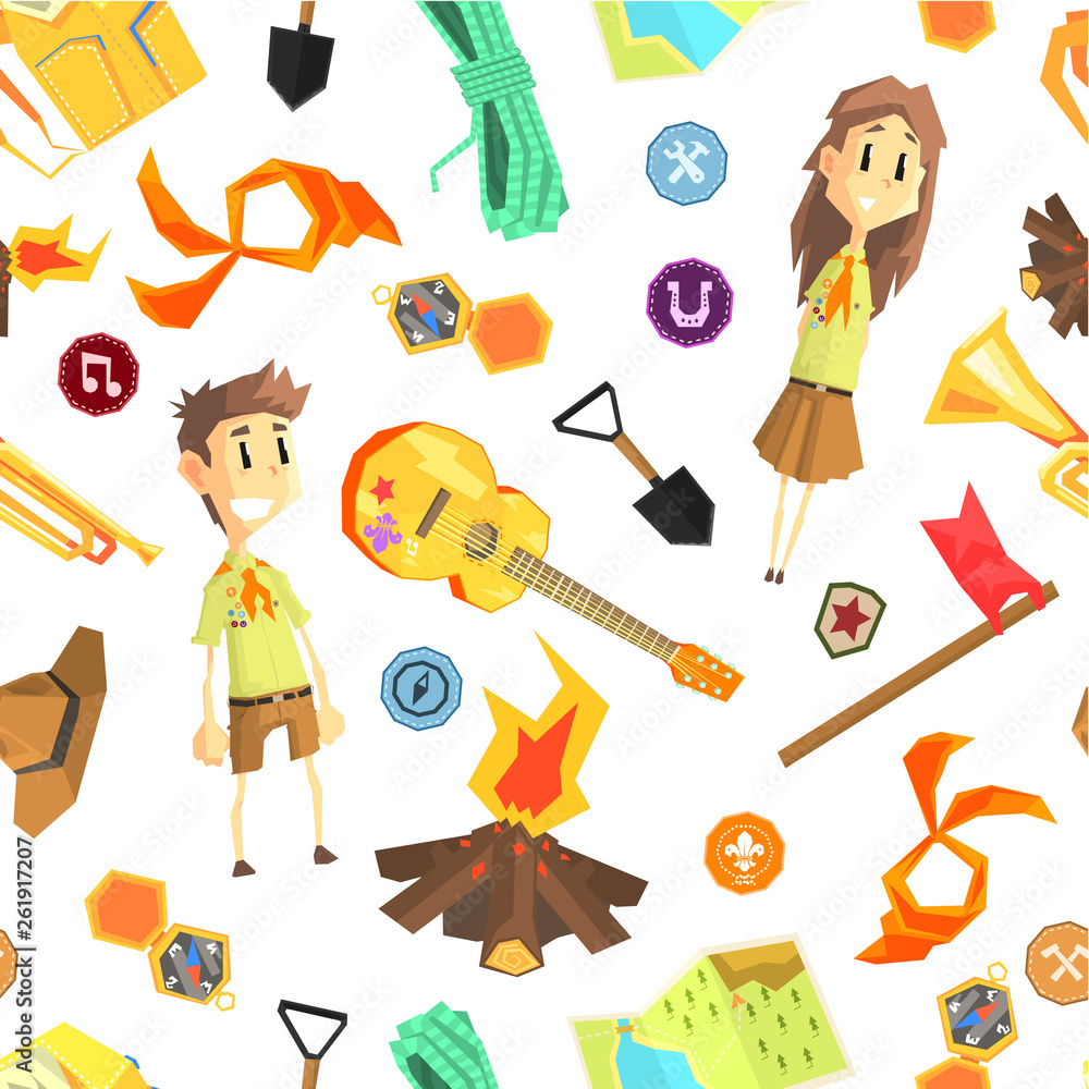 Scout Seamless Pattern with Camping Hiking Equipment and Children in ...