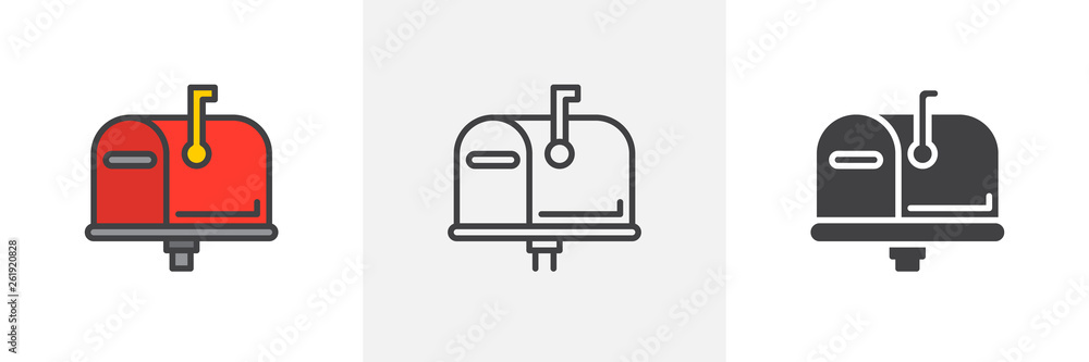 Mailbox closed, flag up icon. Line, glyph and filled outline colorful ...