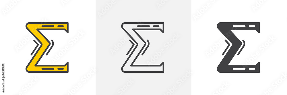 Greek letter sigma icon. Line, glyph and filled outline colorful ...