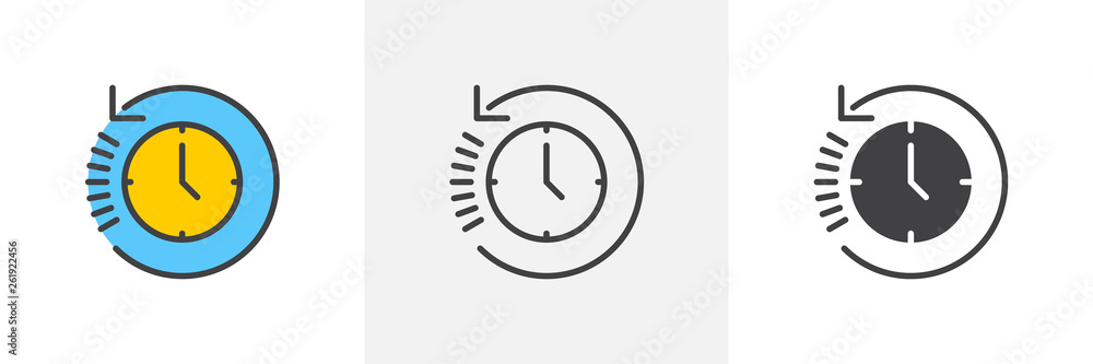 History, clock with arrow around icon. Line, glyph and filled outline ...