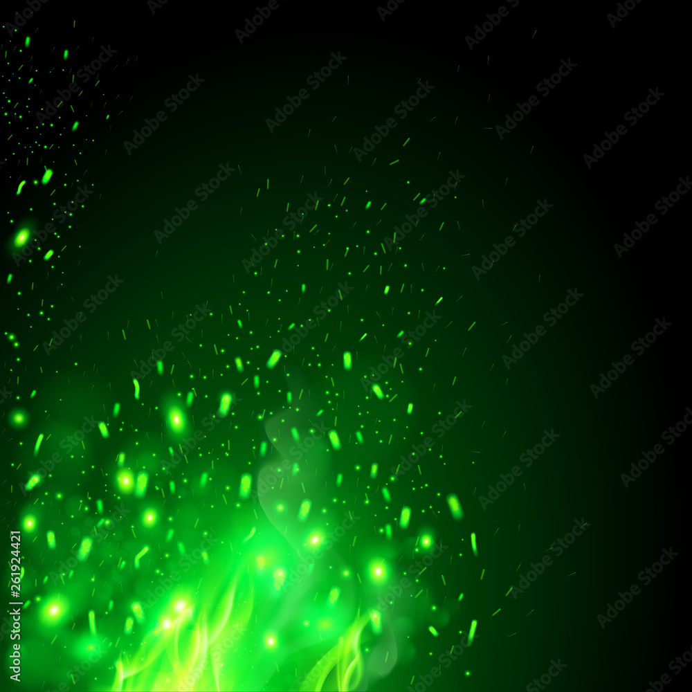 Flying Fiery Sparks with Green Fire. Burning Fire Flames Elements for ...