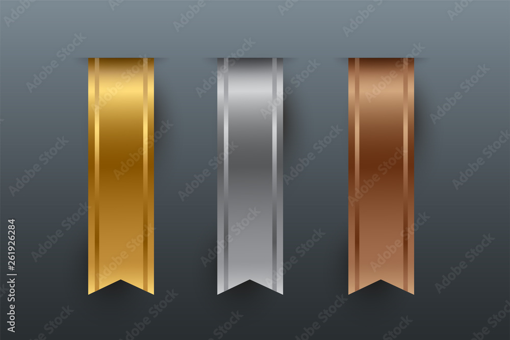 Gold, silver, bronze vertical ribbons isolated on gray background ...