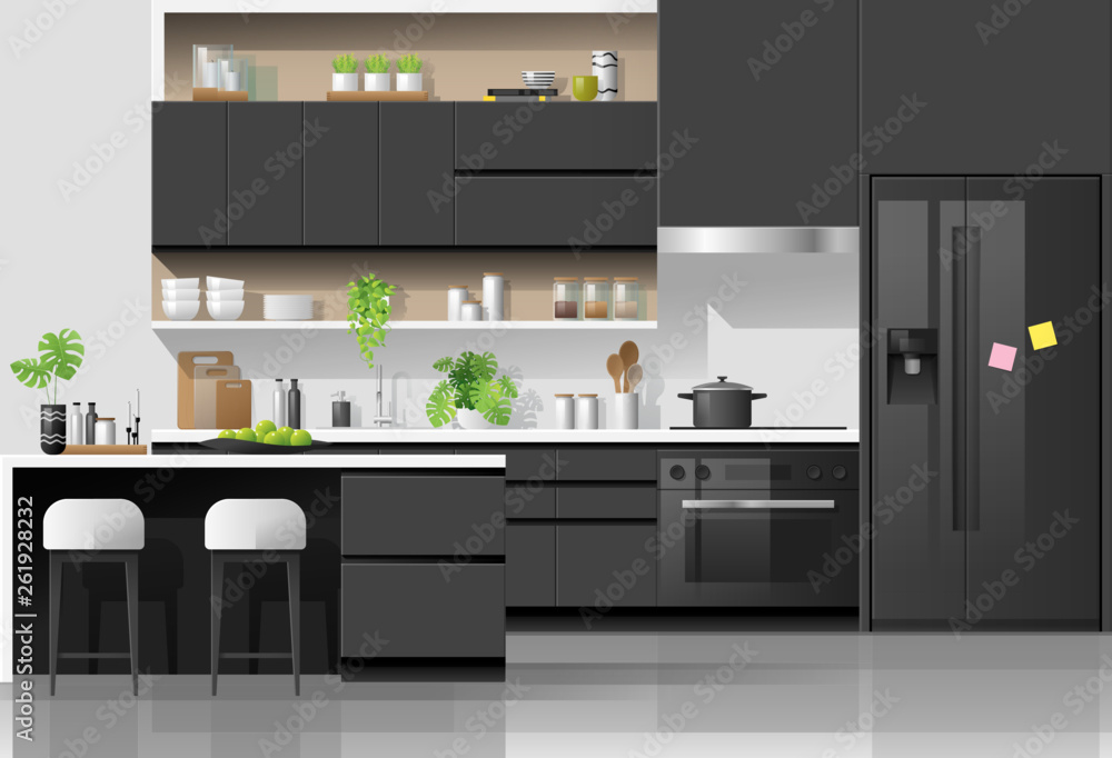 Interior background with modern black and white kitchen , vector ...