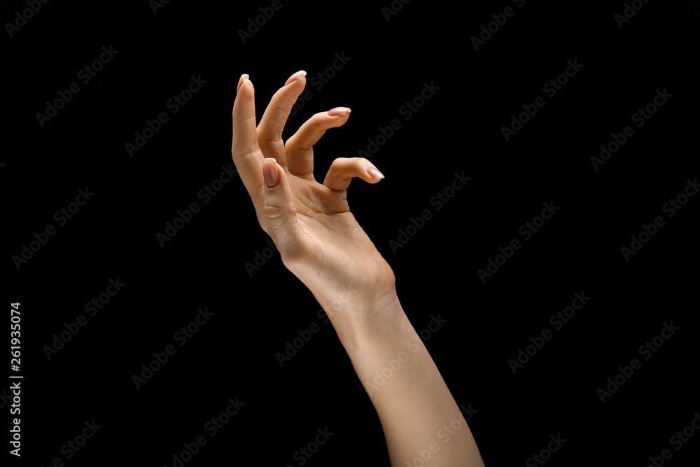 Touching of emptyness. Female hand demonstrating a gesture of getting ...
