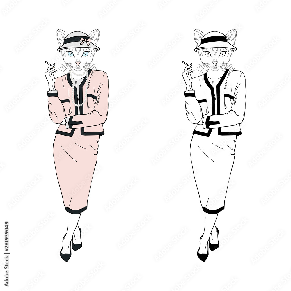 Humanized lady cat hipster dressed up in classy suit and hat with ...
