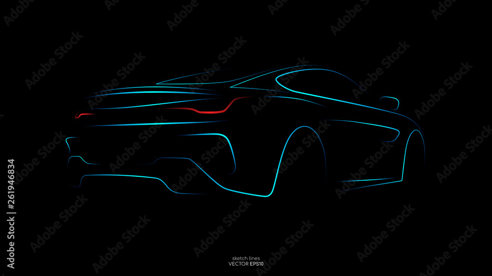Modern car sketch line silhouette rear view in blue light lines and red ...
