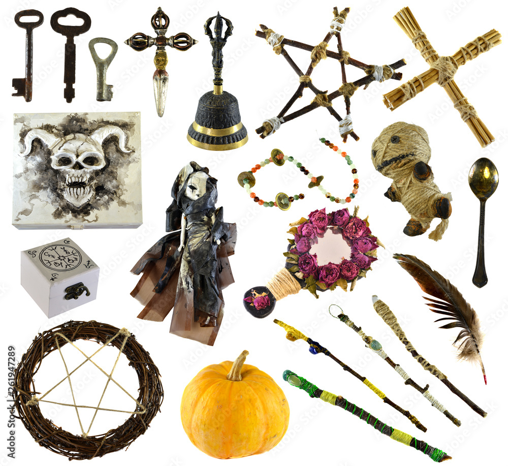 Design set with ritual objects with voodoo doll, pentagram, pumpkin ...