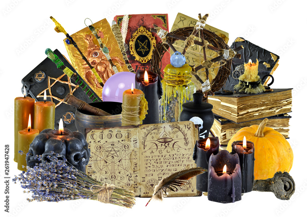 Design collage with group of magic ritual objects, witch book, candles ...