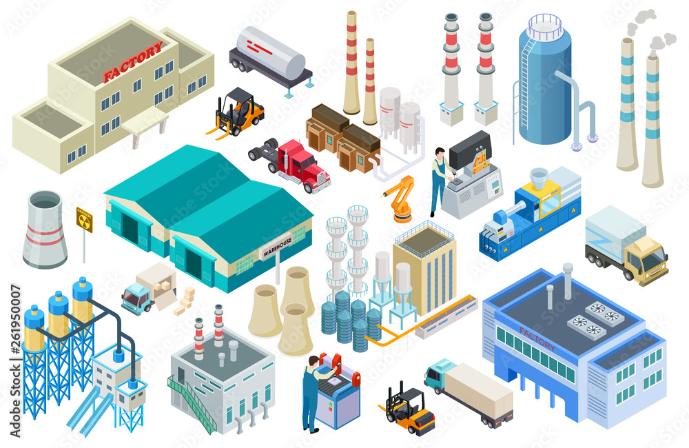 Isometric industrial buildings, workers, delivery trucks, factory and ... Isometric industrial buildings, workers, delivery trucks, factory and ...