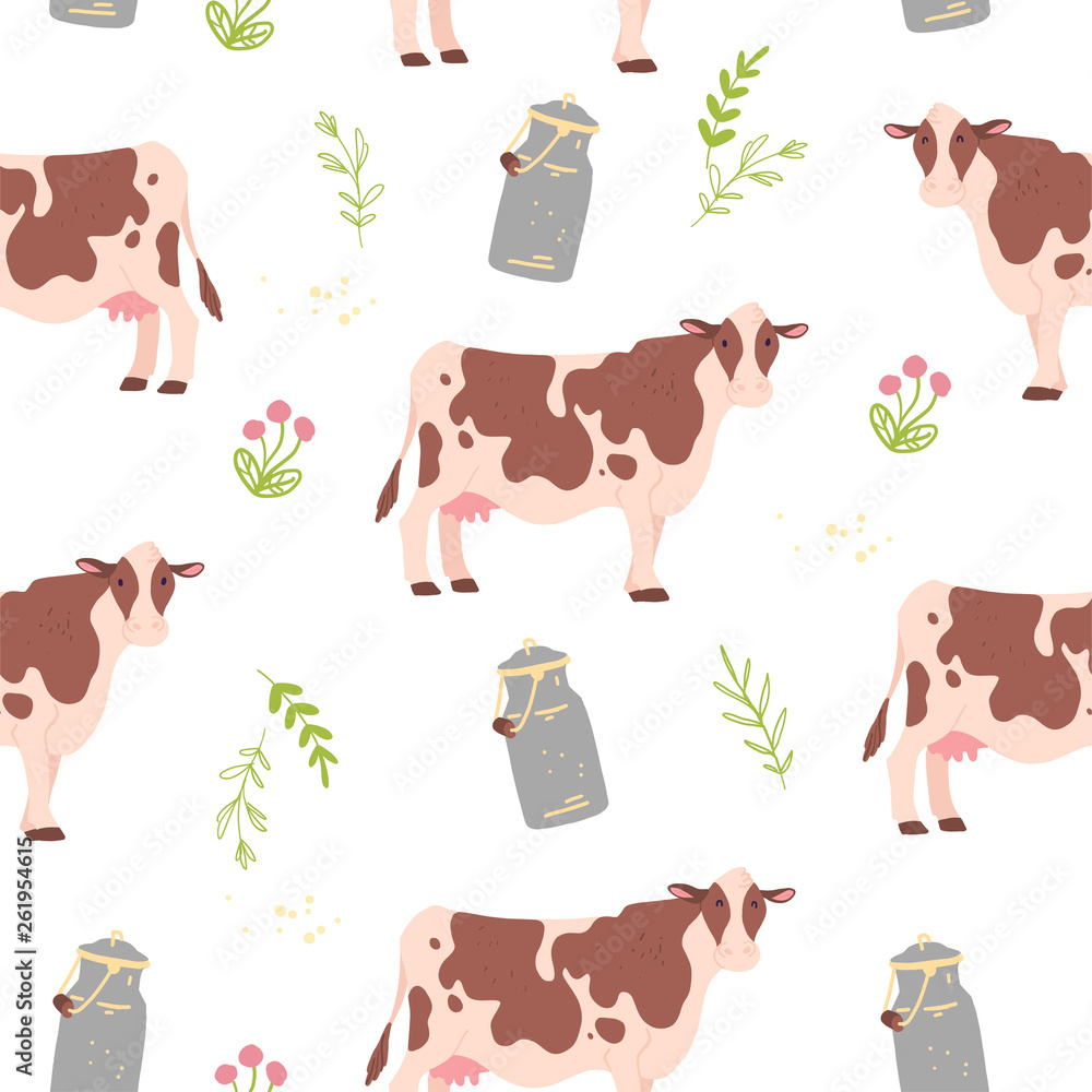 Vector flat seamless pattern with hand drawn farm domestic cow animals ...