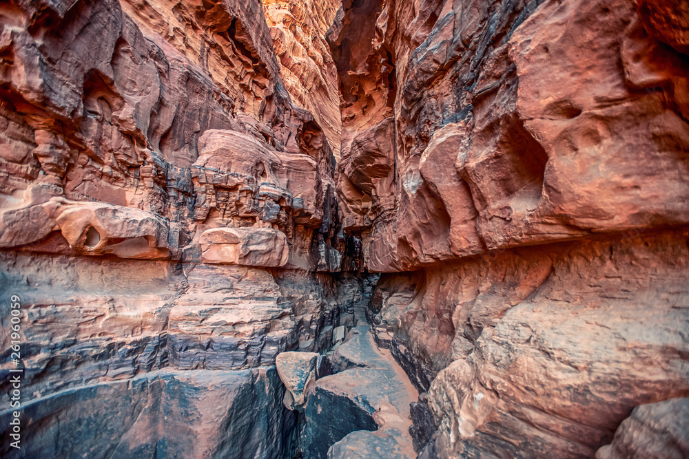 inside the Khazali Canyon in incredible lunar landscape in Wadi Rum in ...