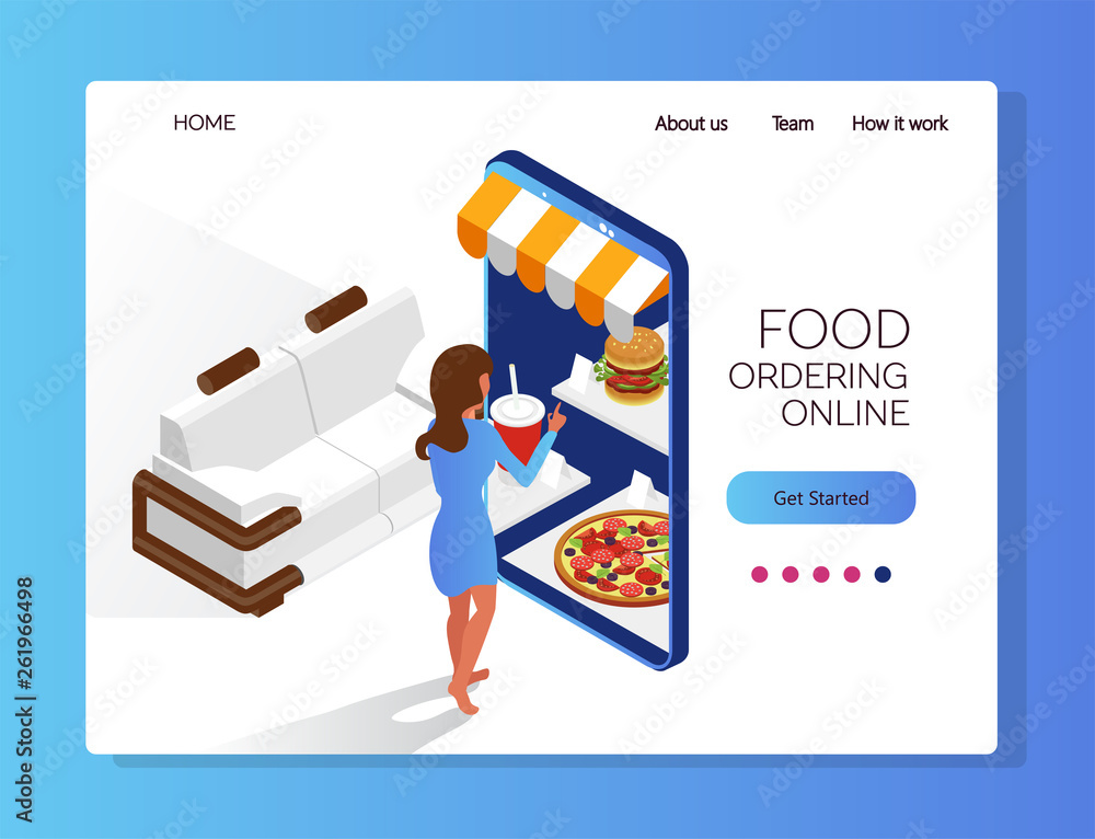 Online Ordering and Fast Food Delivery. Food ordering mobile app. Woman ...