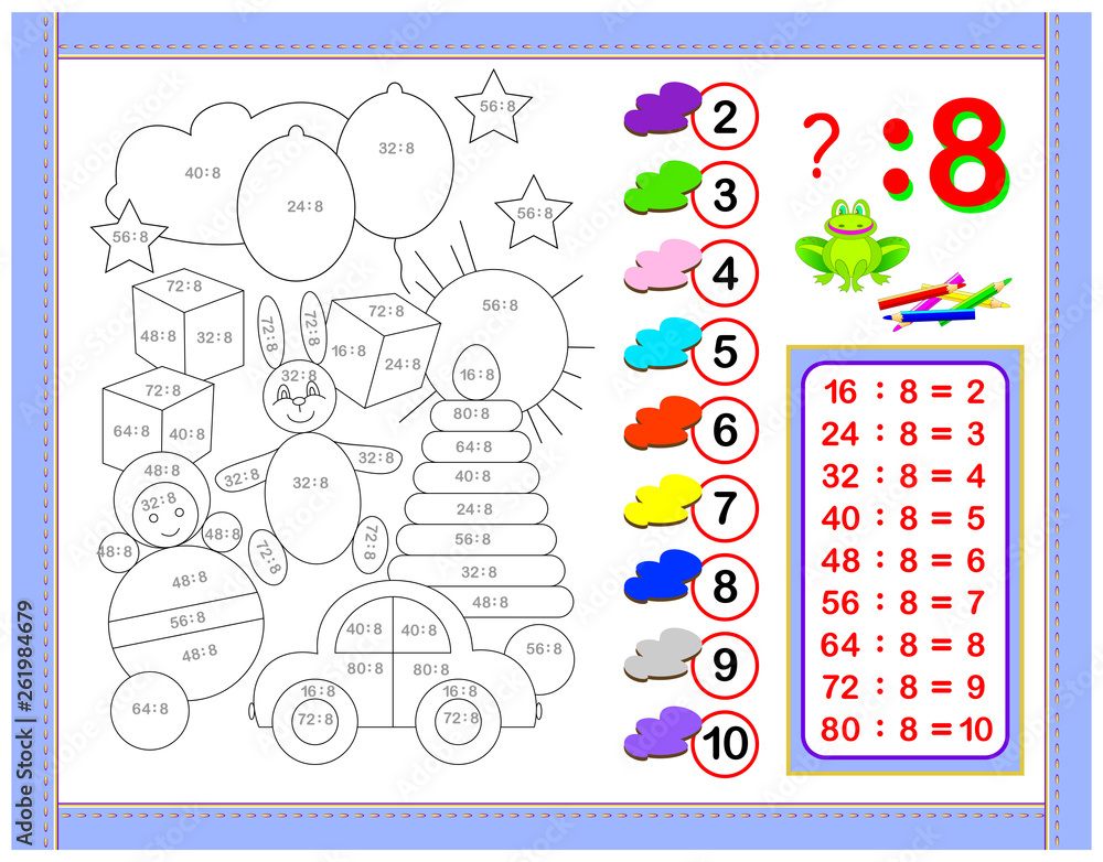 Exercises for kids with division by number 8. Paint the picture ...