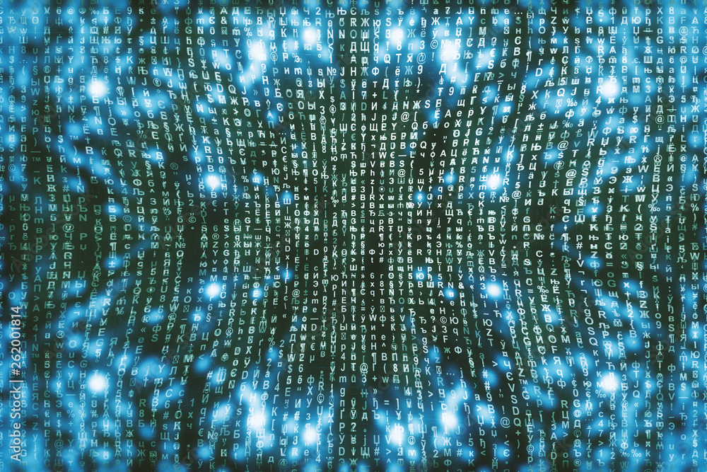 Blue matrix digital background. Abstract cyberspace concept. Characters ...