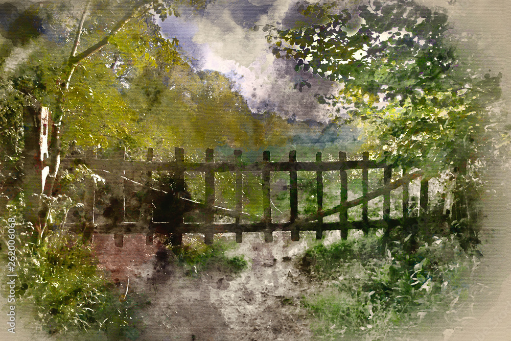 Watercolour painting of Lovely old gate into countryside field rustic ...