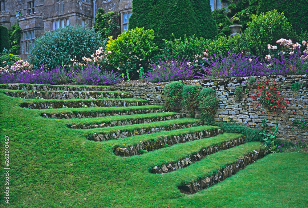 Grass steps with a border of flowers growing along the terrace in the ...