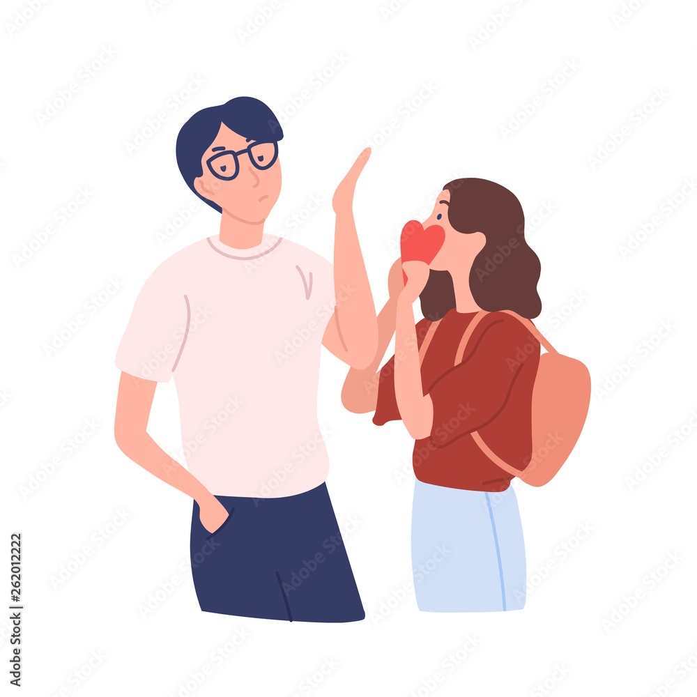 Intrusive girl trying to present her heart to boy rejecting her gift ...