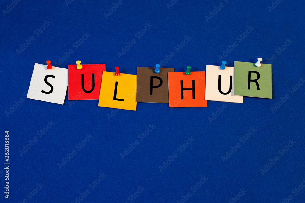 Sulphur – one of a complete periodic table series of element names ...