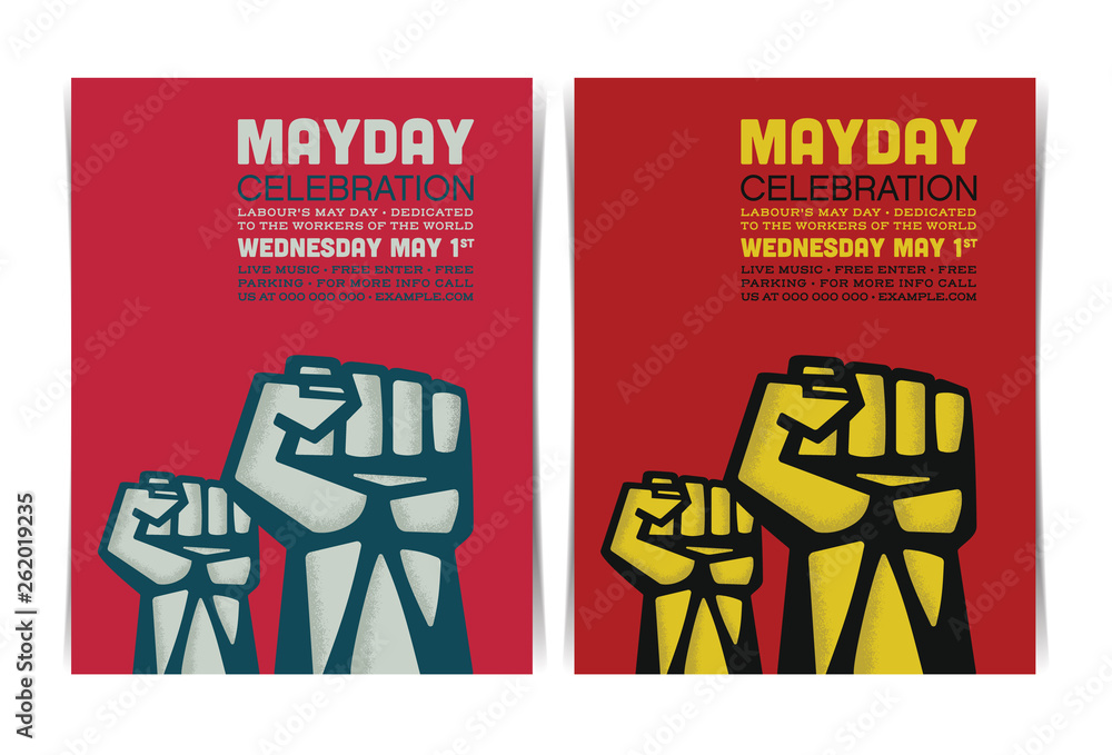 Mayday celebration event poster template with clenched fists. Vector ...