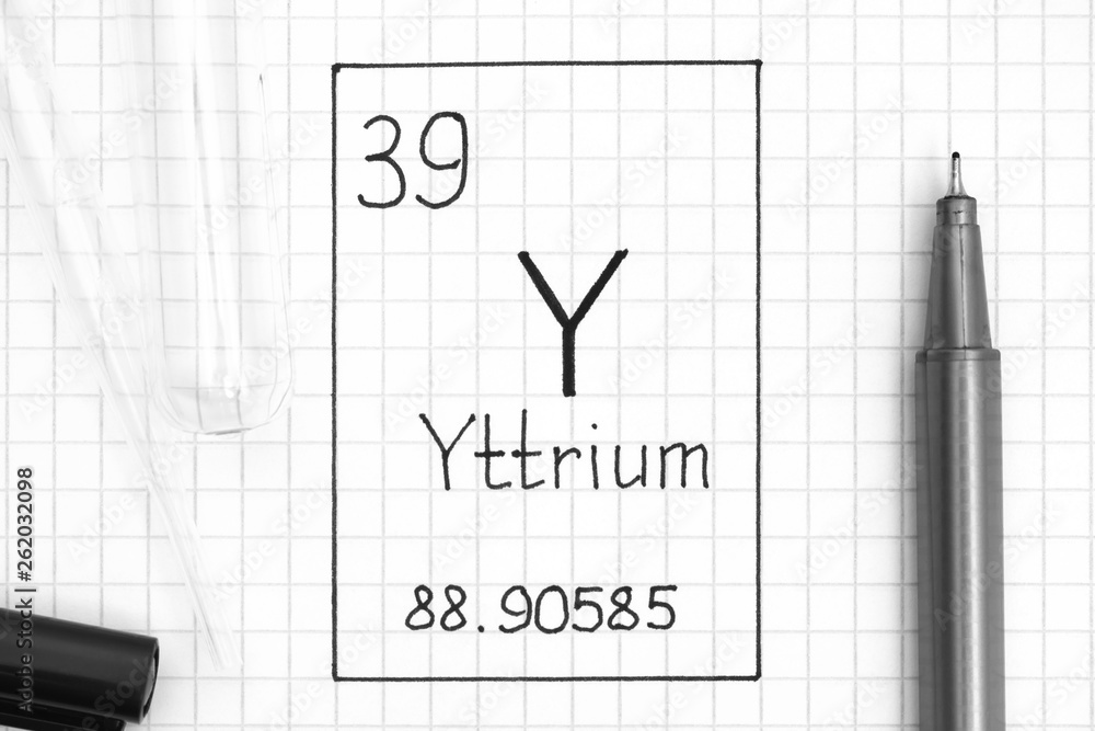 Handwriting chemical element Yttrium Y with black pen, test tube and ...
