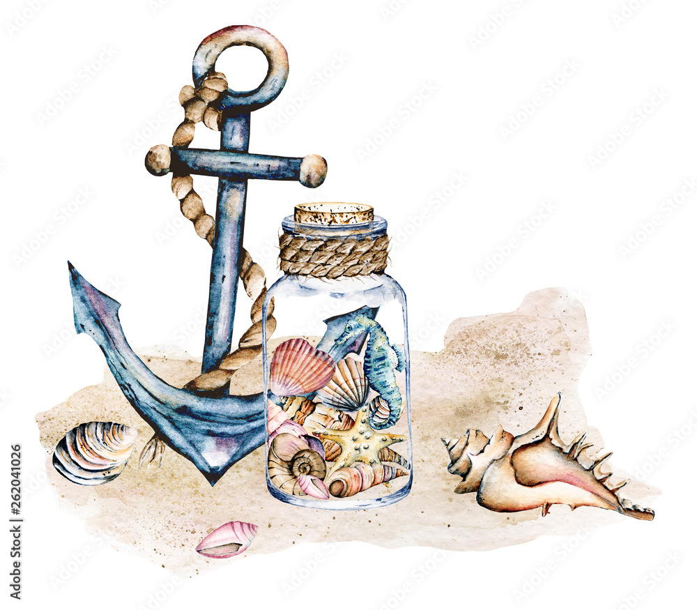 Seashells in glass jar, marine scenery. Watercolor anchor, seahorse ...