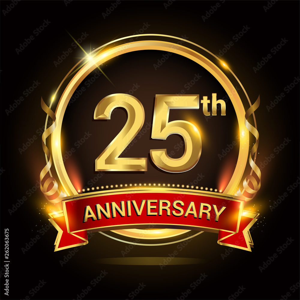 25th golden anniversary logo with ring and red ribbon, vector design ...