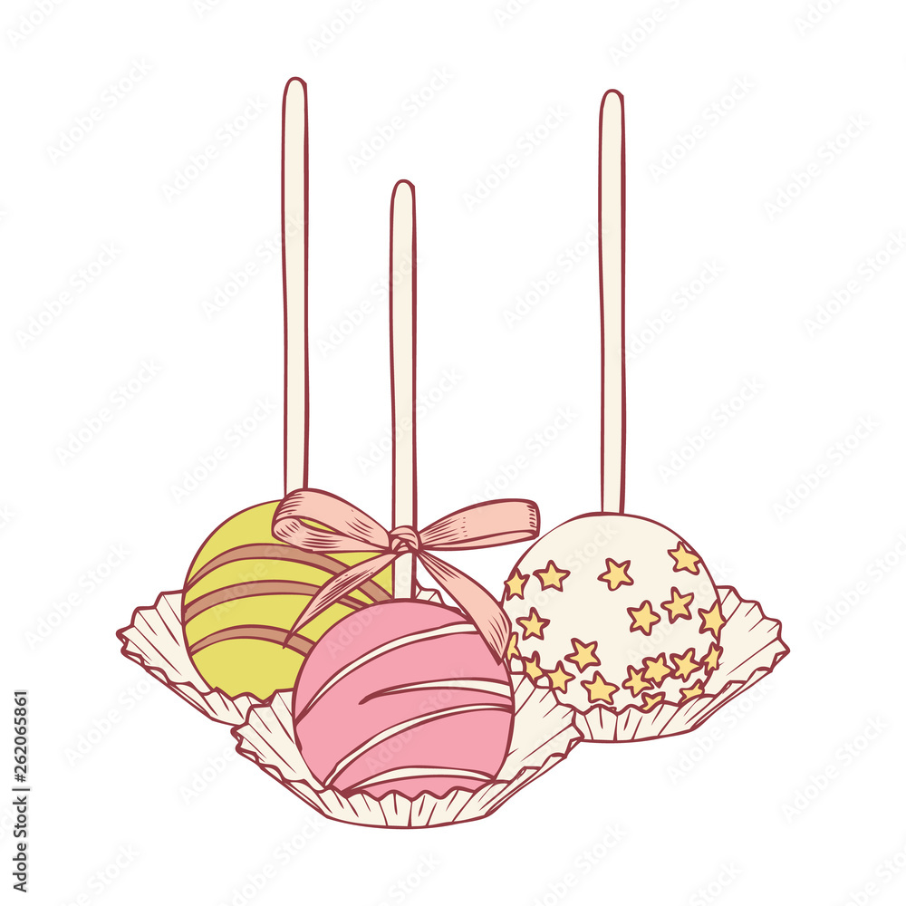 Sweet colorful cake pops on stick with sprinkles isolated on white ...