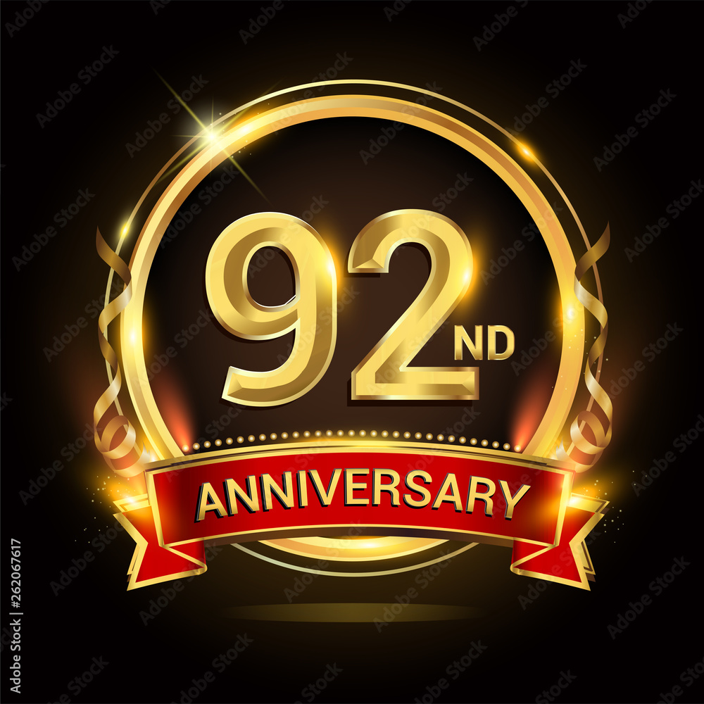 92nd golden anniversary logo with ring and red ribbon, vector design ...