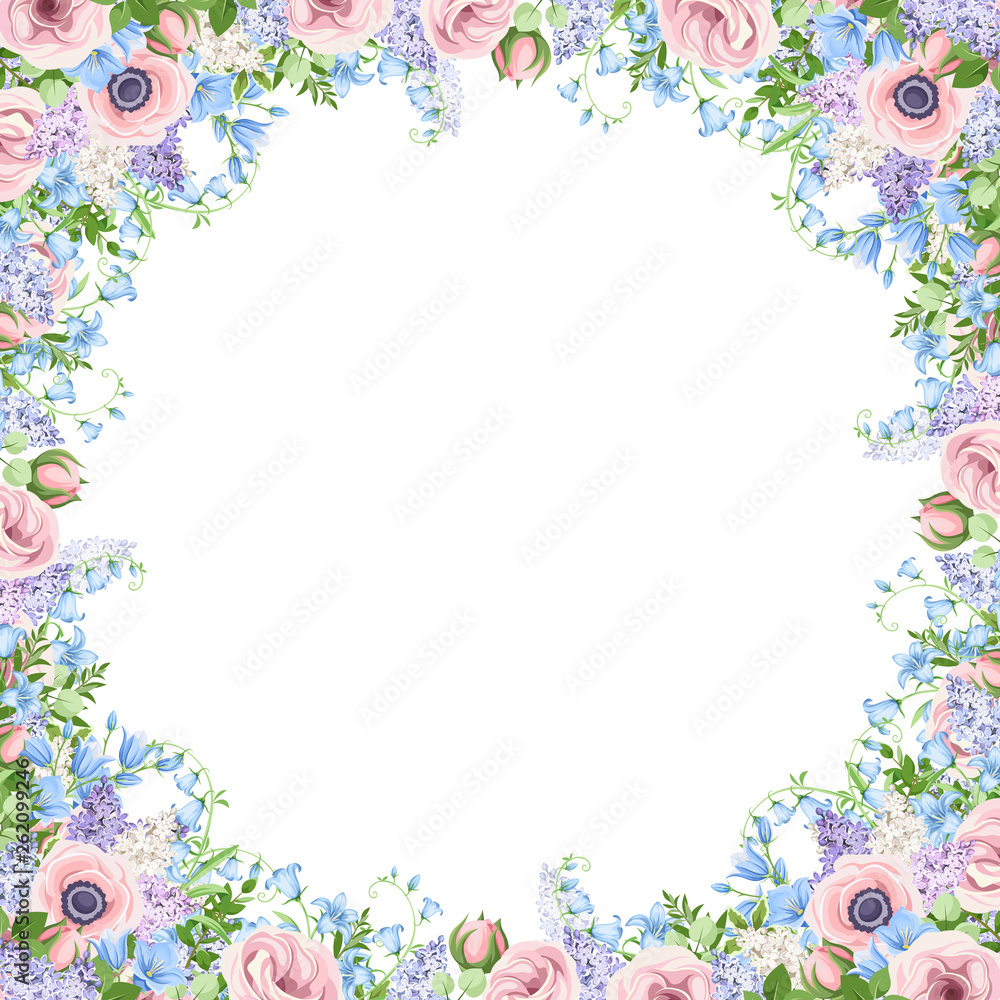 Vector background frame with pink, blue and purple flowers. Stock ...