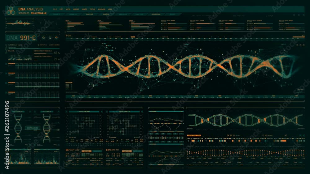 Detailed digital interface of futuristic DNA analysis process. Human ...