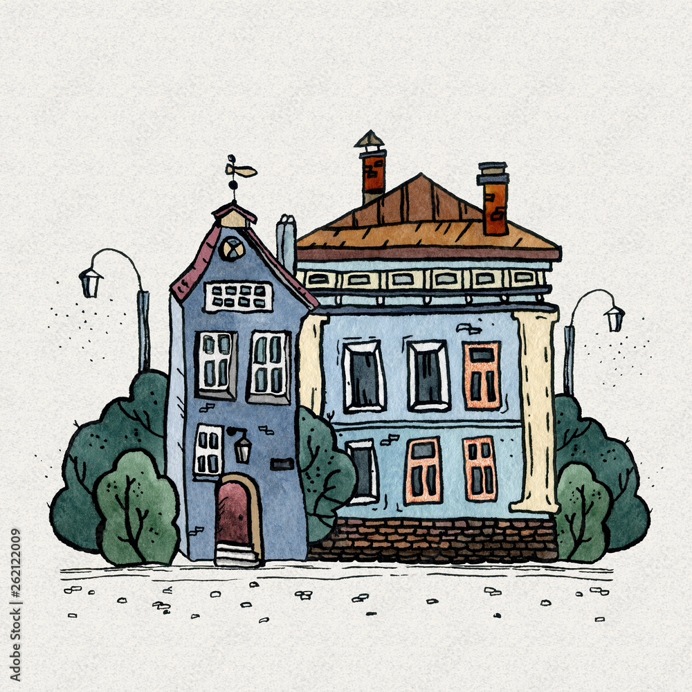 Cityscape old town hand drawn watercolor illustration. Old city ...