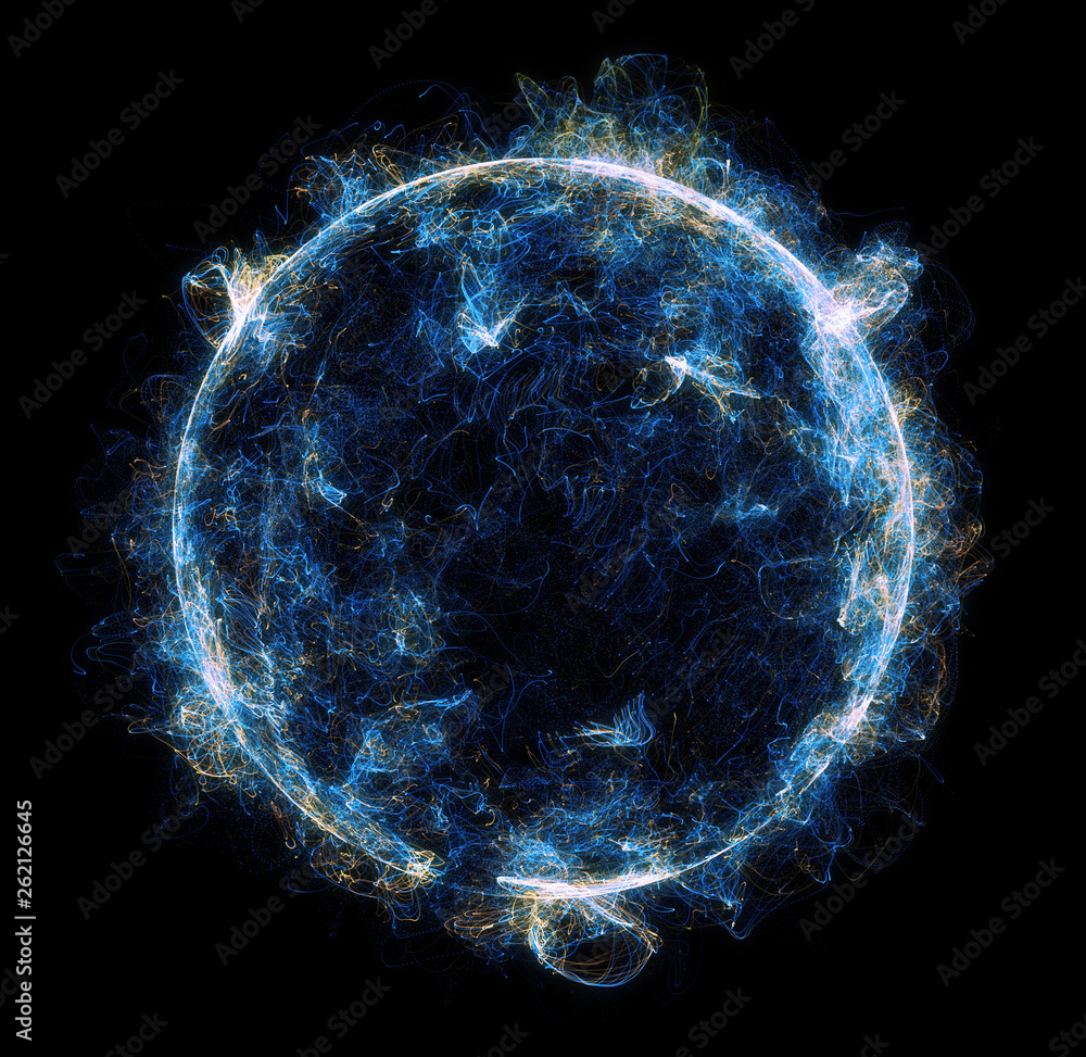 Abstract particles background with corrupted point sphere. Sun Solar ...