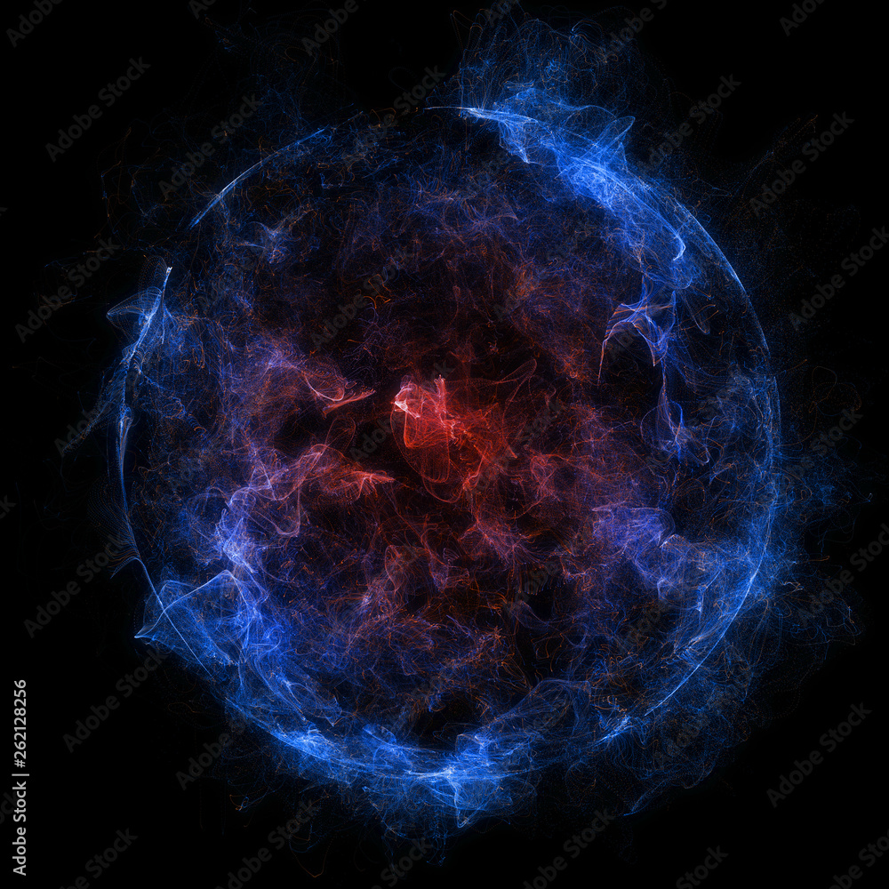 Abstract particles background with corrupted point sphere. Sun Solar ...