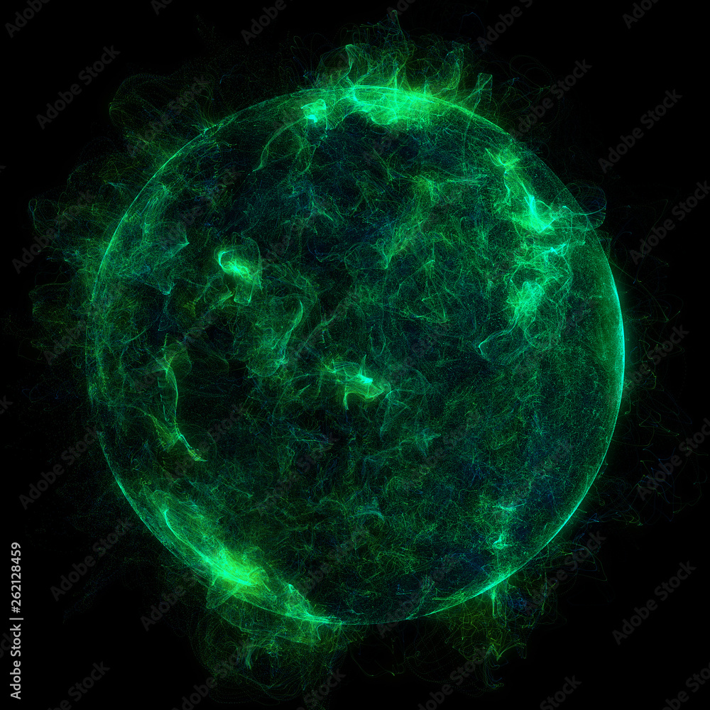 Abstract particles background with corrupted point sphere. Sun Solar ...