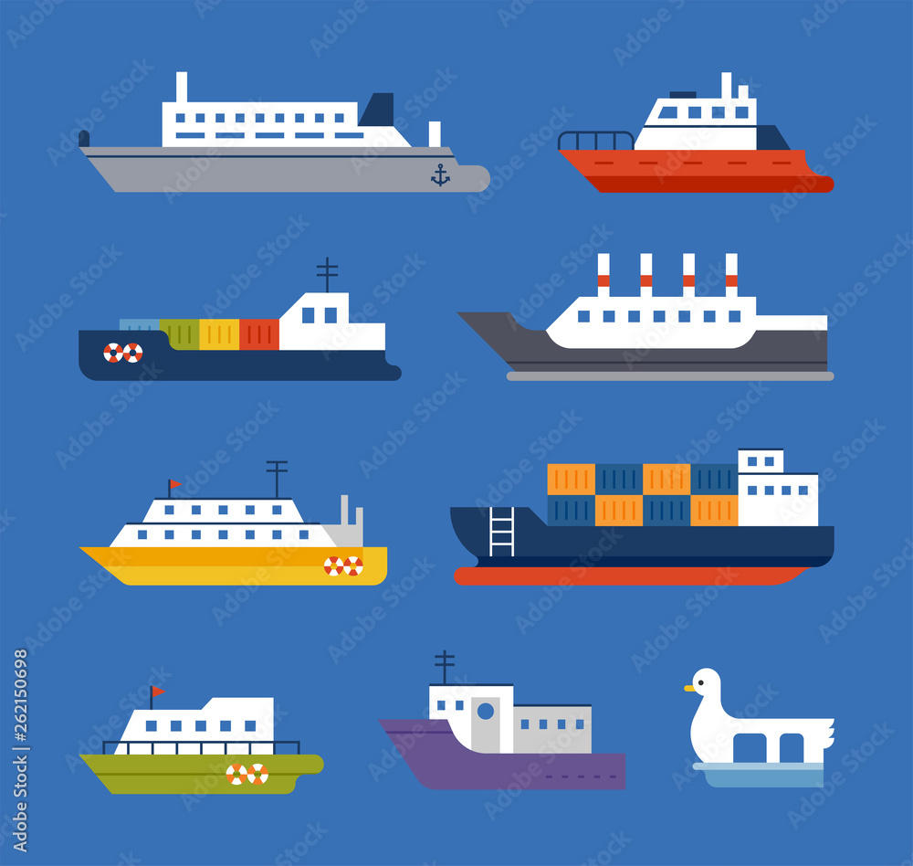 various kind of ships. flat design style minimal vector illustration ...