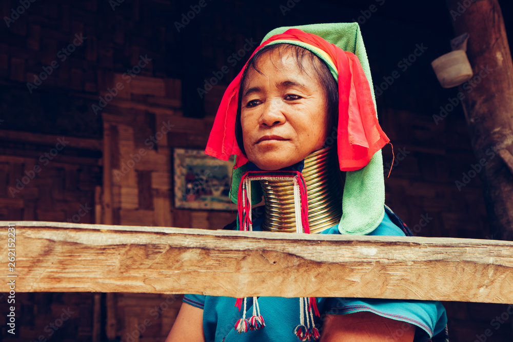 Portrait of long neck woman in traditional costume. Karen long neck ...