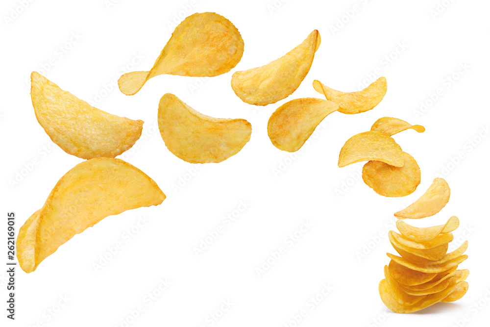 Flying potato chips, isolated on white background Stock Photo | Adobe Stock
