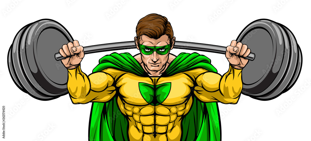 Superhero cartoon sports mascot weightlifter super hero character ...