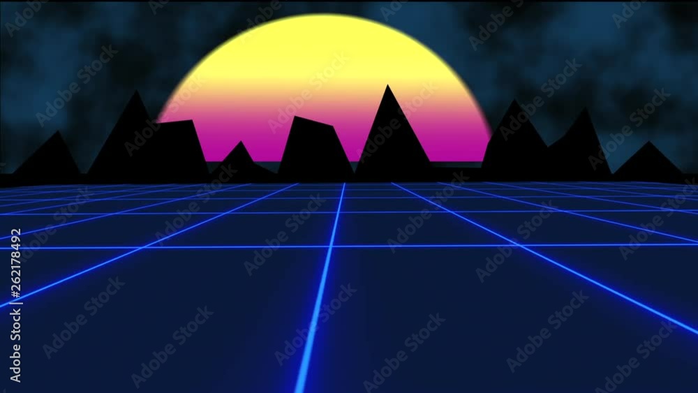 Side view of beautiful blue retro 80s synthwave with sun grid ...