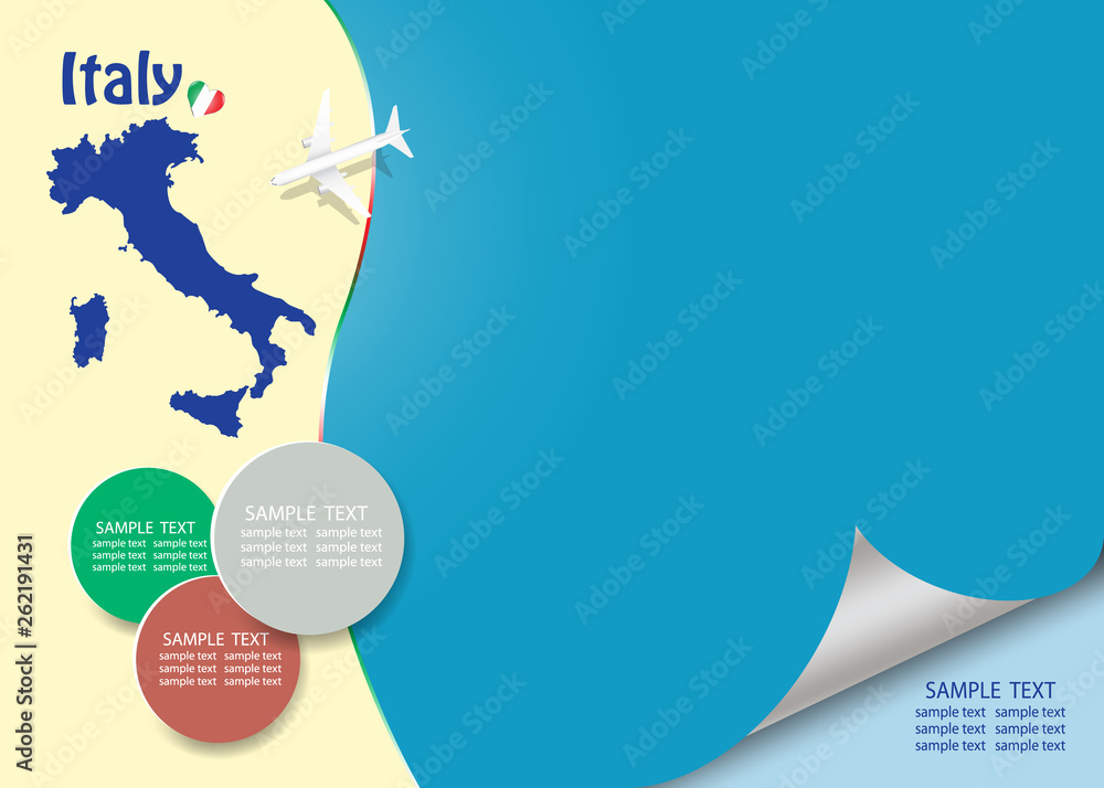 Travel Italy template vector showing the airplane approaching the blind ...
