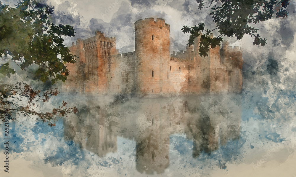 Watercolor painting of medieval castle at sunrise landscape Stock ...