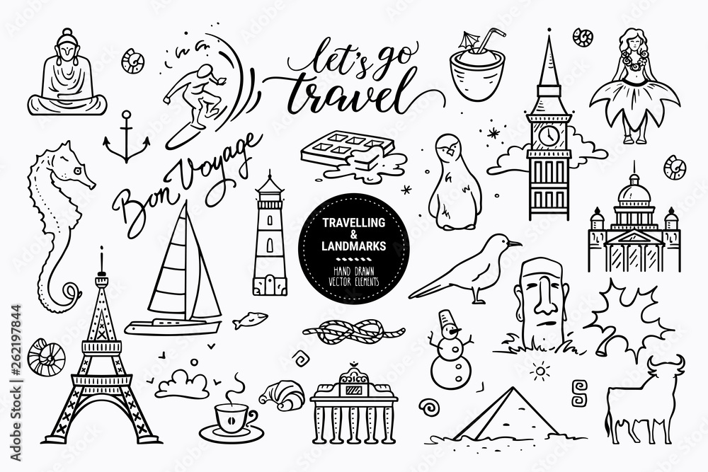 European sights, landmarks all around the world, travel icons, marine ...