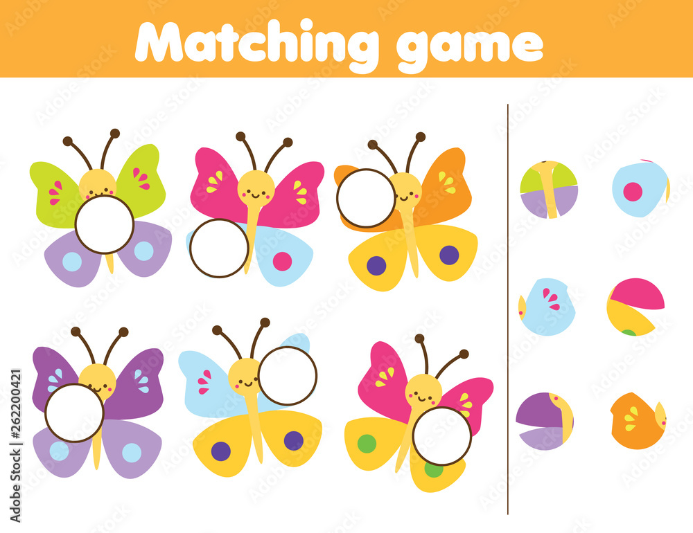 Matching children educational game. Match parts of cute butterflies ...