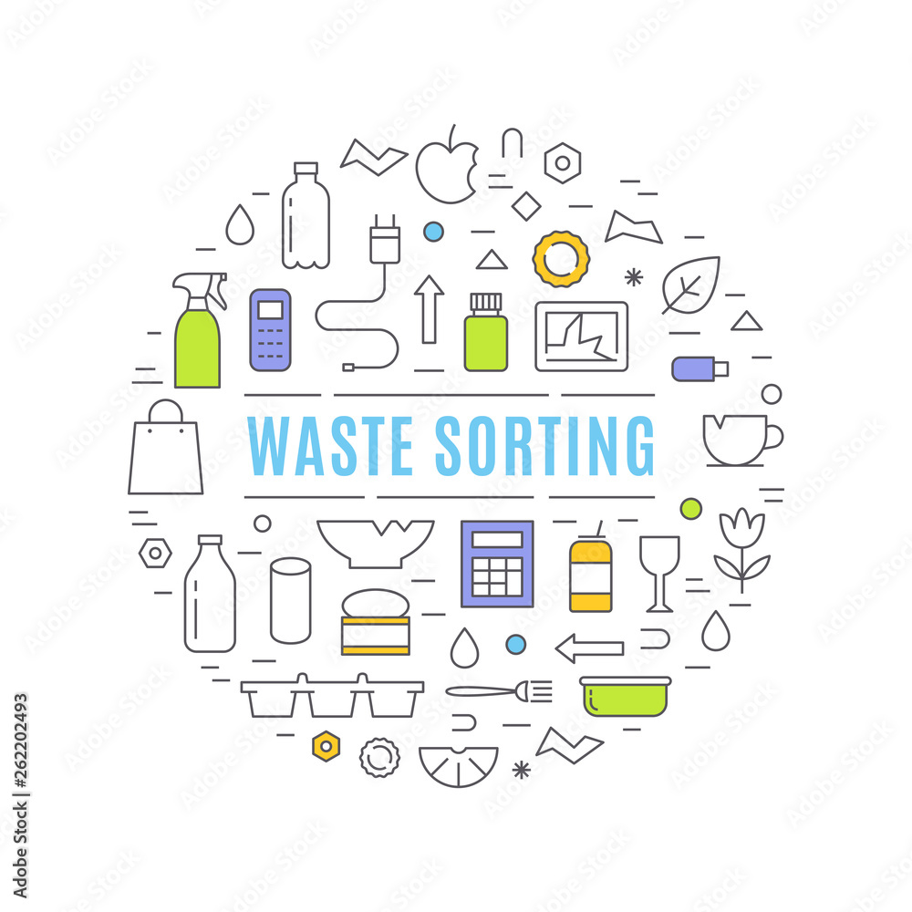 Waste Sorting and Management Vector Graphics Circle Sign. Flat Outline ...