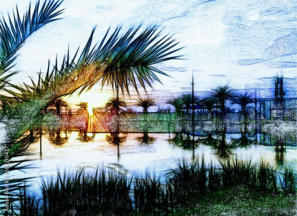 Pencil drawing of sunset water reflection Stock Illustration | Adobe Stock