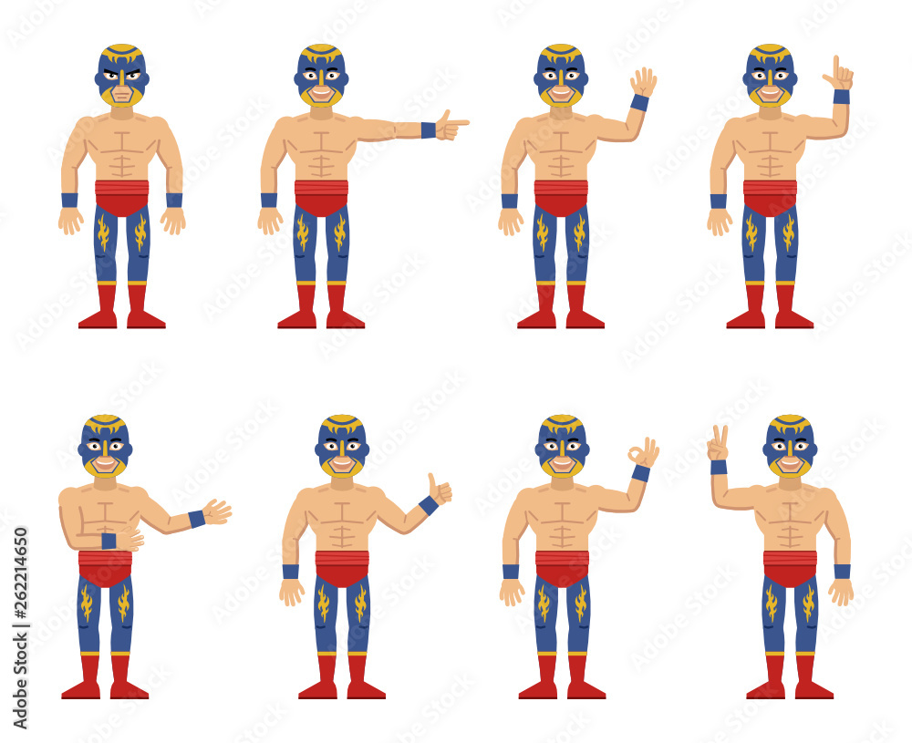 Set of lucha libre wrestlers showing different hand gestures. Cheerful ...