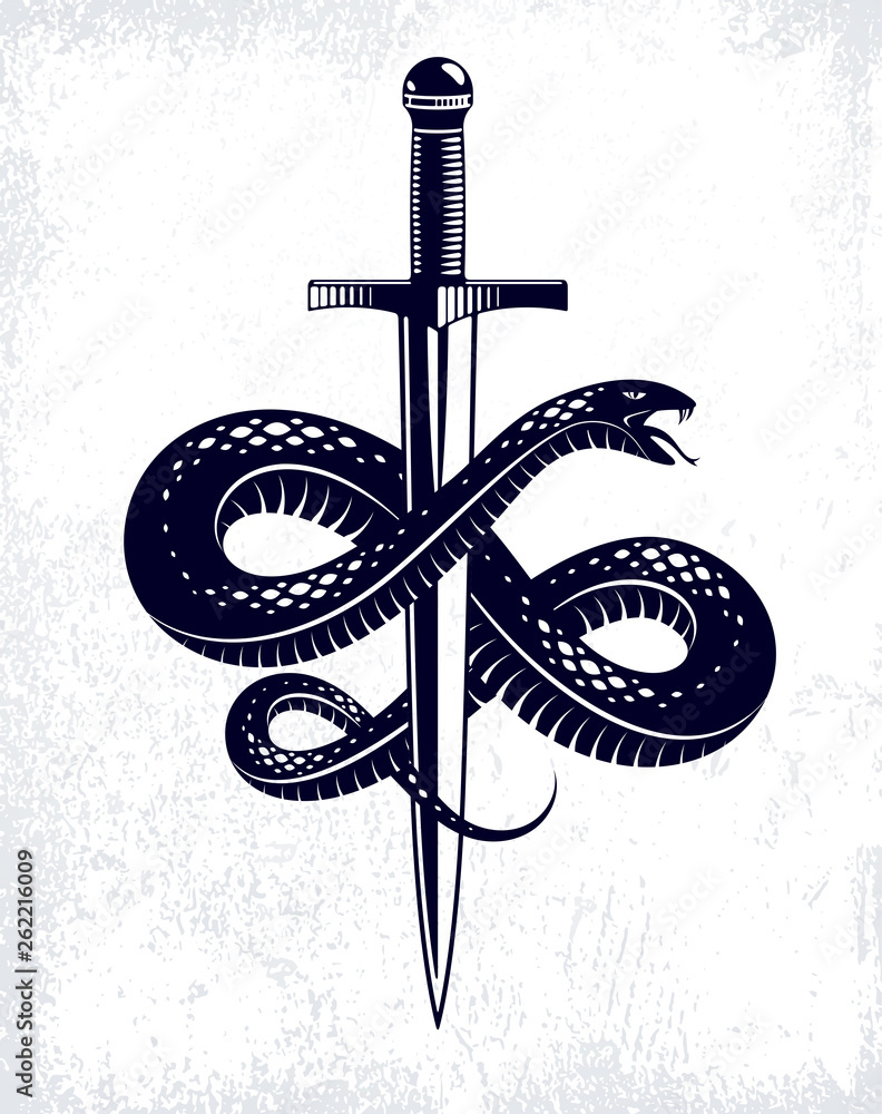 Snake and Dagger, Serpent wraps around a sword vector vintage tattoo ...