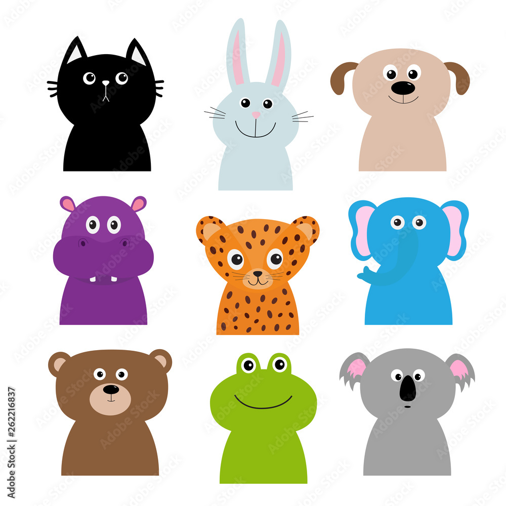 Animal head face body set. Cat, rabbit, hare, jaguar, dog, hippopotamus ...