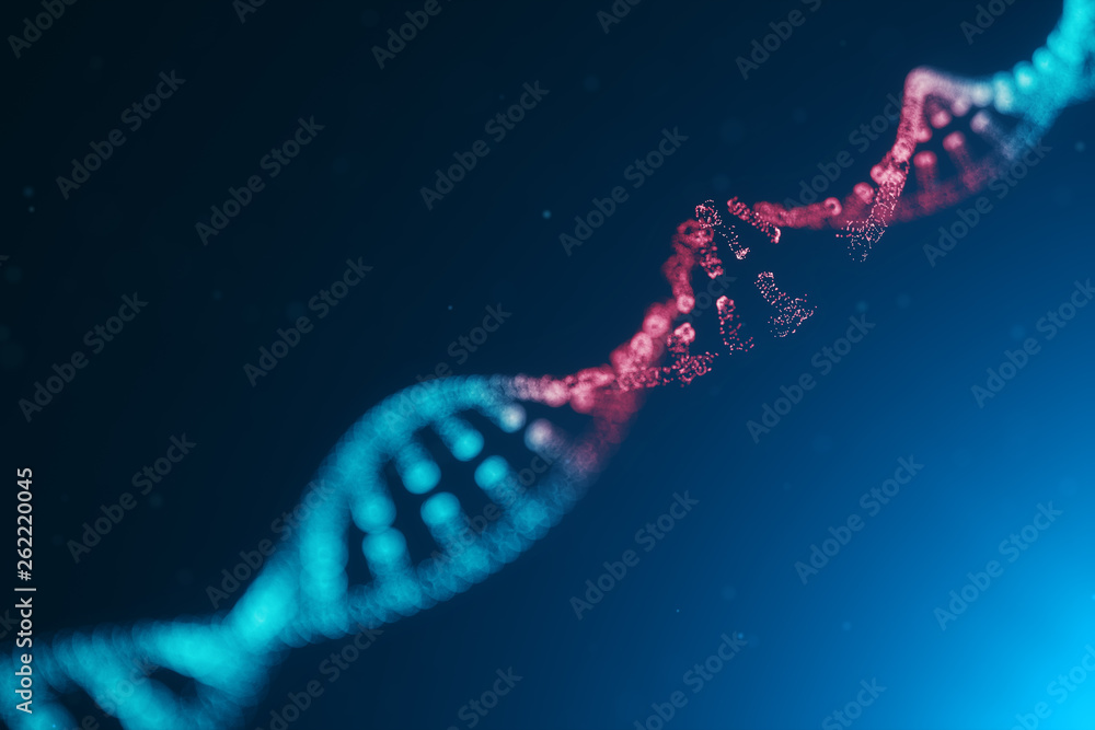 3D illustration Virus DNA molecule, structure. Concept destroyed code ...