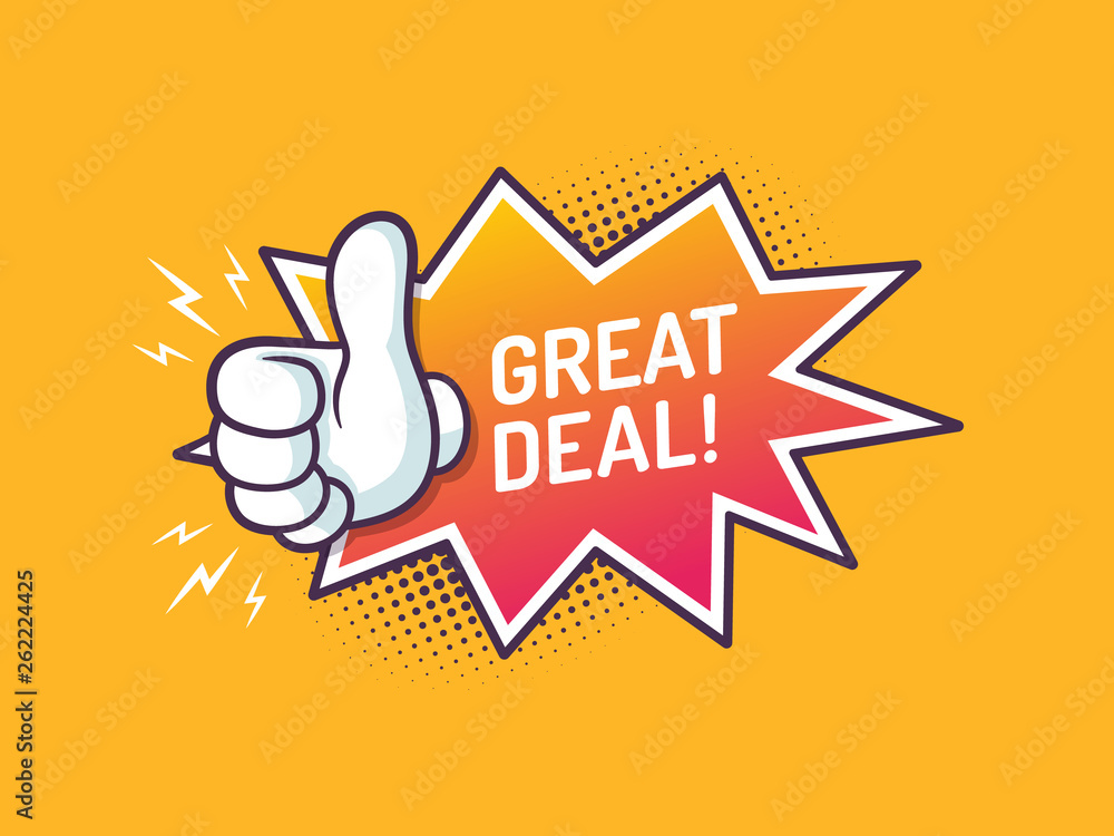 Great deal sign with thumb up and starburst in pop art style vector ...